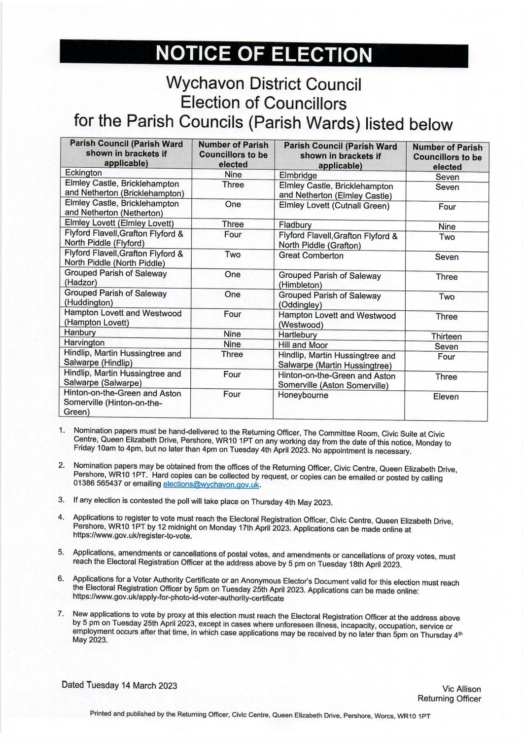NOTICE OF ELECTION – PARISH COUNCILLORS 2023 – Hill & Moor Parish Council